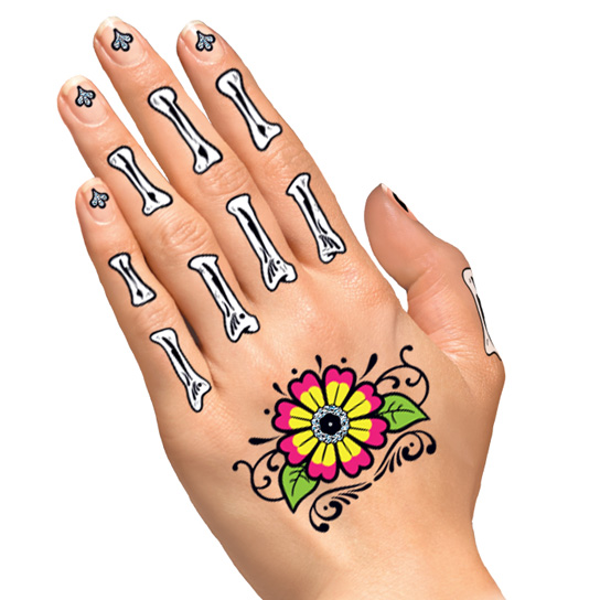 Glitter Day of the Dead Floral Hands Temporary Tattoo - IndustryPrint ...