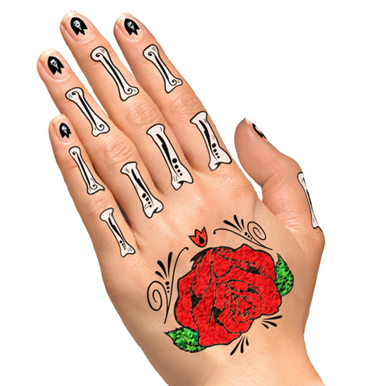 Glitter Day of the Dead Red Rose Hands Temporary Tattoo - IndustryPrint ...